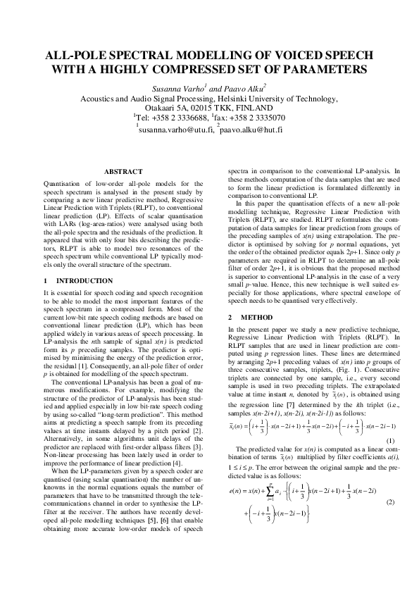 (PDF) All-Pole Spectral Modelling Of Voiced Speech With A Highly Compressed Set Of Parameters