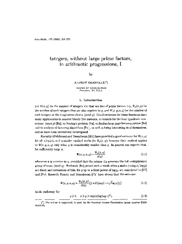 (PDF) Integers, without large prime factors, in arithmetic progressions, I