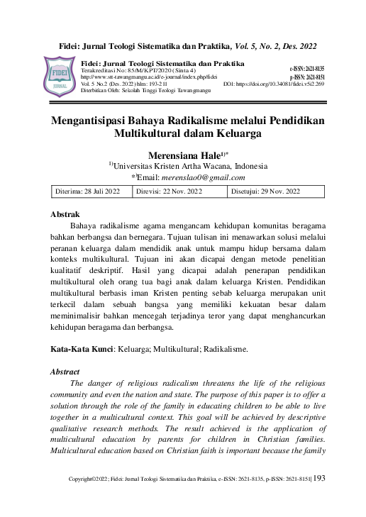 (PDF) Mengantisipasi Bahaya Radikalisme melalui Pendidikan Multikultural dalam Keluarga