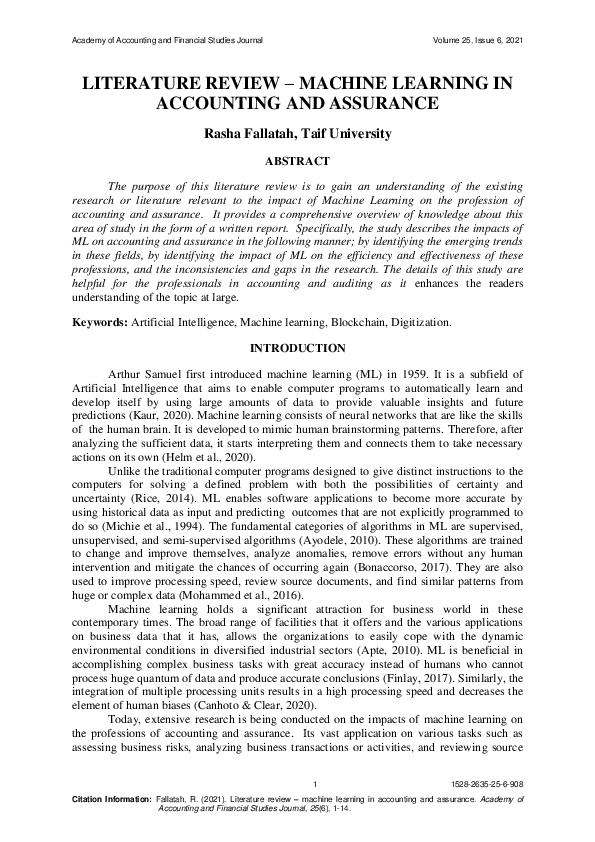 (PDF) Literature Review Machine Learning In Accounting and Assurance
