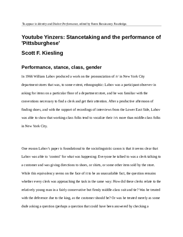 (PDF) Youtube Yinzers: Stancetaking and the performance of ...