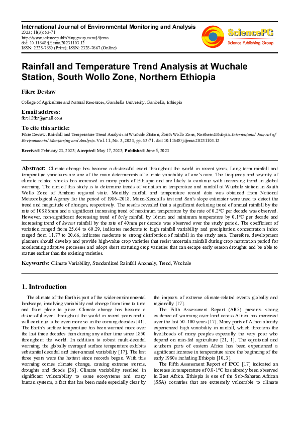 (PDF) Rainfall and Temperature Trend Analysis at Wuchale Station, South ...