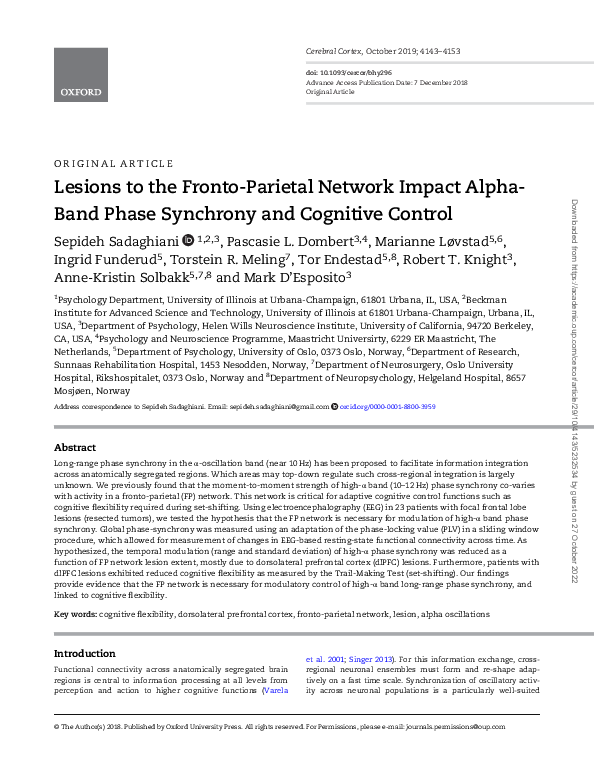 (PDF) Lesions to the Fronto-Parietal Network Impact Alpha-Band Phase Synchrony and Cognitive ...