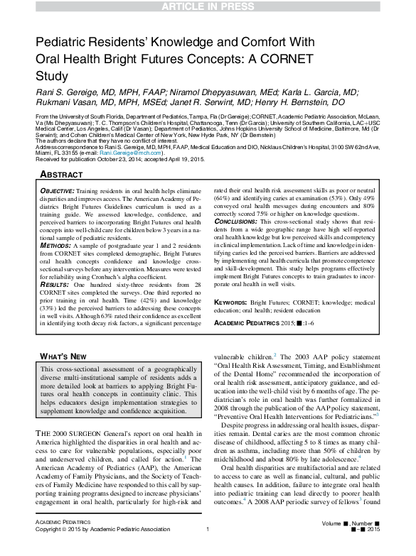 (PDF) Pediatric Residents' Knowledge and Comfort With Oral Health ...