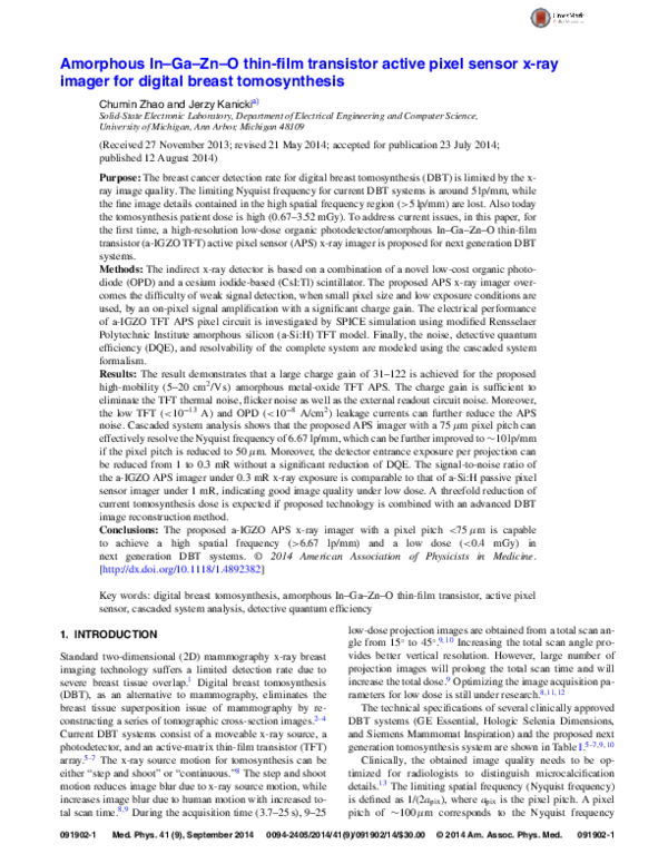 (PDF) Amorphous In-Ga-Zn-O thin-film transistor active pixel sensor x-ray imager for digital ...