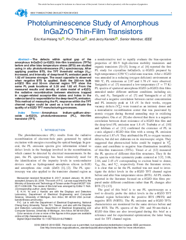 (PDF) Photoluminescence Study of Amorphous InGaZnO Thin-Film Transistors | Jerzy Kanicki ...