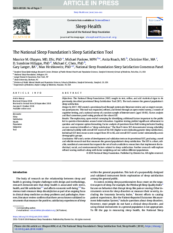 (PDF) The National Sleep Foundation's Sleep Satisfaction Tool