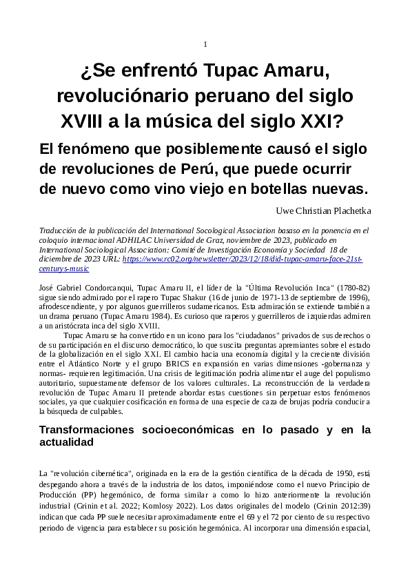 (PDF) Tupac Amaru, revolucionario del siglo XVIII se enfrenta el futuro del siglo XXI?