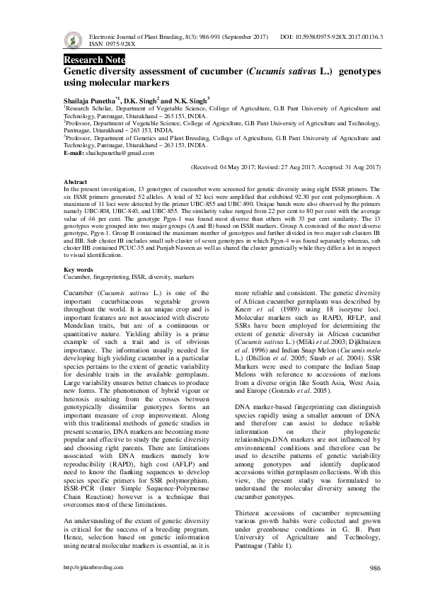 (PDF) Genetic diversity assessment of cucumber (Cucumis sativus L ...