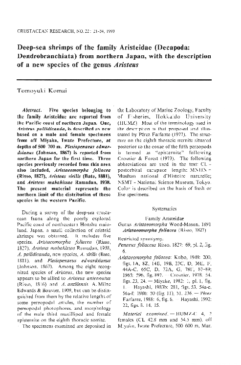 (PDF) Deep-sea shrimps of the family Aristeidae (Decapoda ...