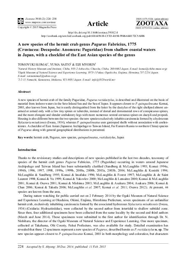 (PDF) A new species of the hermit crab genus Pagurus Fabricius, 1775 ...