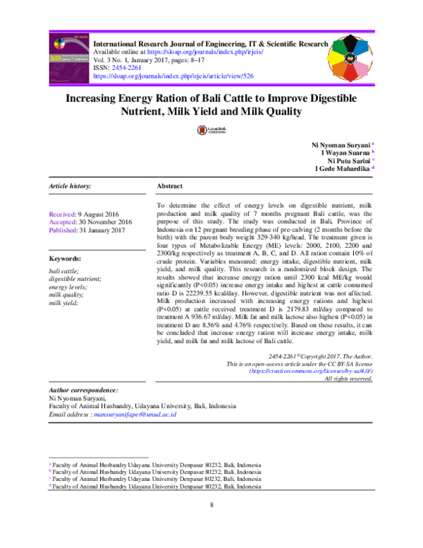 (PDF) Increasing Energy Ration of Bali Cattle to Improve Digestible Nutrient, Milk Yield and ...