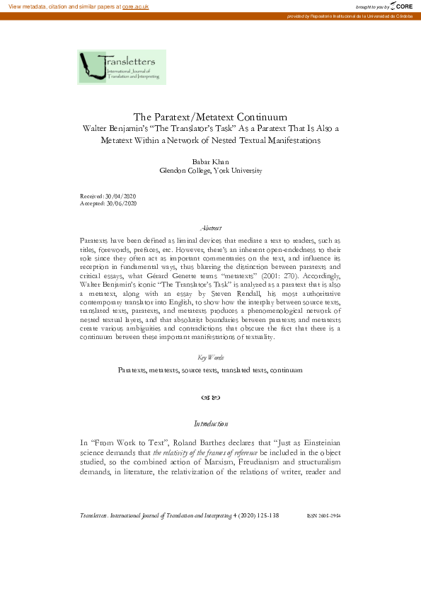 (PDF) The Paratext/Metatext Continuum: Walter Benjamin’s “The ...