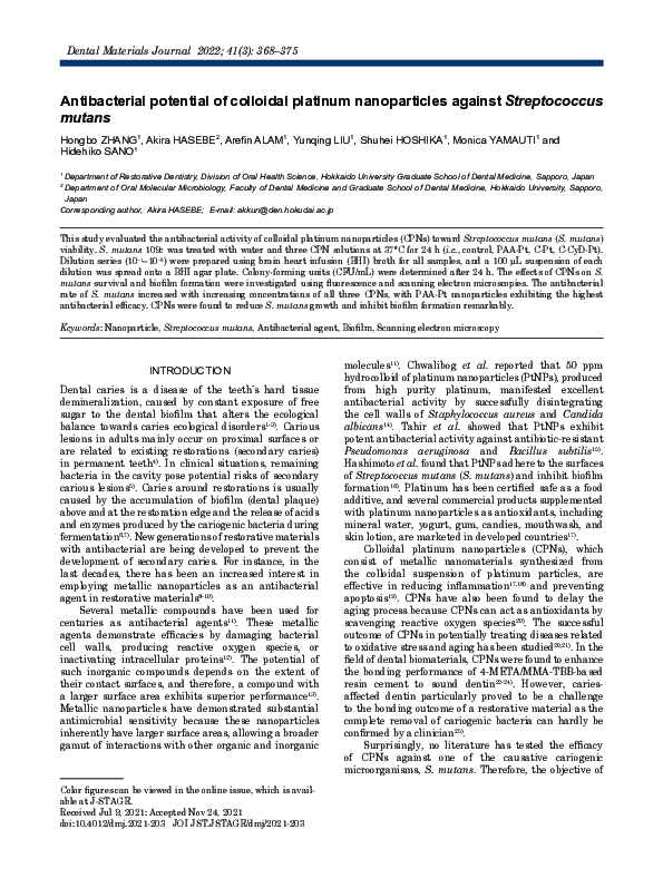 (PDF) Antibacterial potential of colloidal platinum nanoparticles against Streptococcus mutans