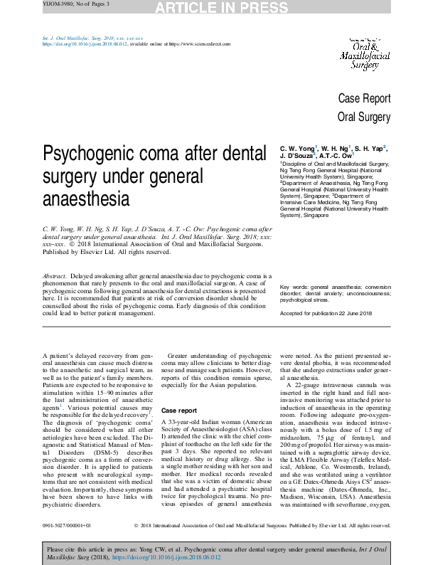 (PDF) Psychogenic coma after dental surgery under general anaesthesia