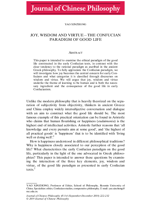 (PDF) Joy, Wisdom and Virtue—The Confucian Paradigm of Good Life