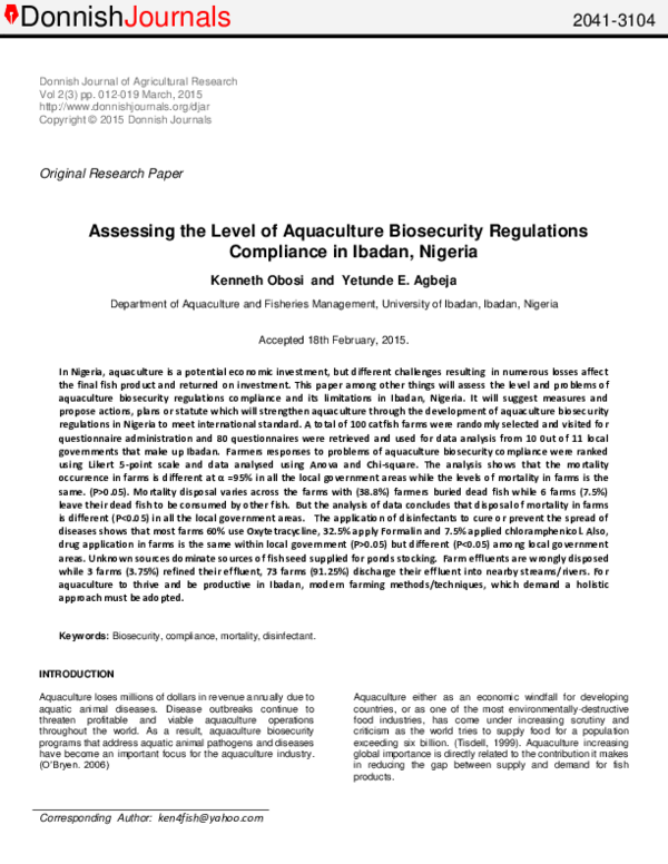 (PDF) Assessing the Level of Aquaculture Biosecurity Regulations ...