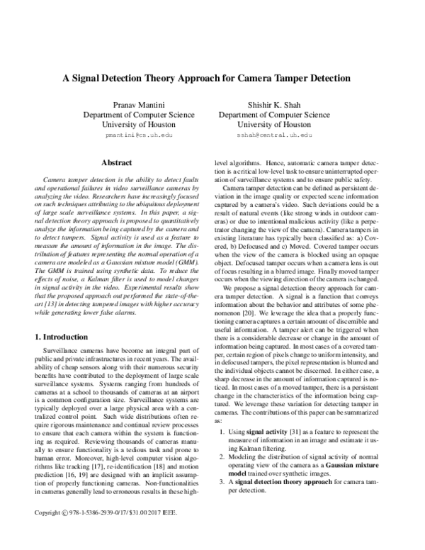 (PDF) A signal detection theory approach for camera tamper detection