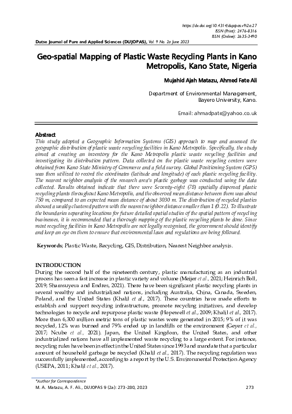 (PDF) Geo-spatial mapping of plastic waste recycling plants in Kano ...