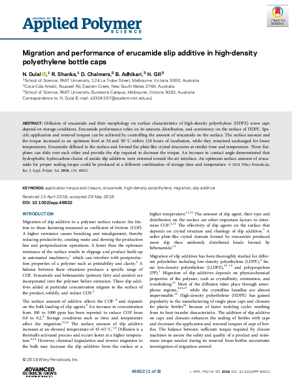 (PDF) Migration and performance of erucamide slip additive in high ...