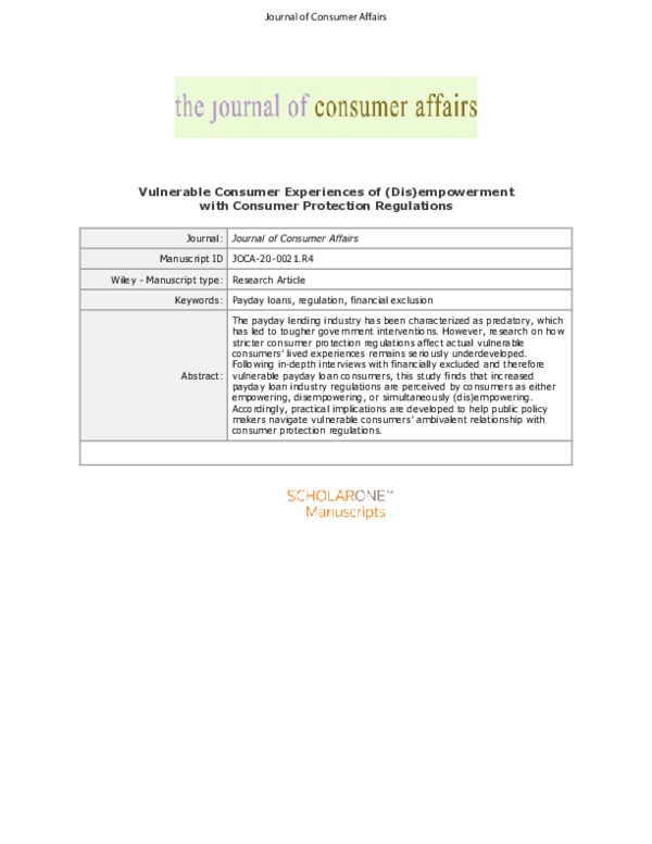 (PDF) Vulnerable Consumer Experiences of (Dis)empowerment with Consumer ...