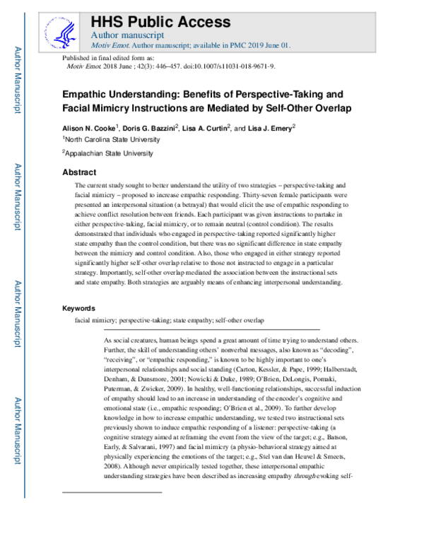 (PDF) Empathic Understanding: Benefits of Perspective-Taking and Facial Mimicry Instructions are ...