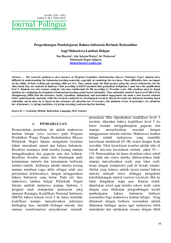 (PDF) Pengembangan Pembelajaran Bahasa Indonesia Berbasis Rasionalitas bagi Mahasiswa Lamban Belajar