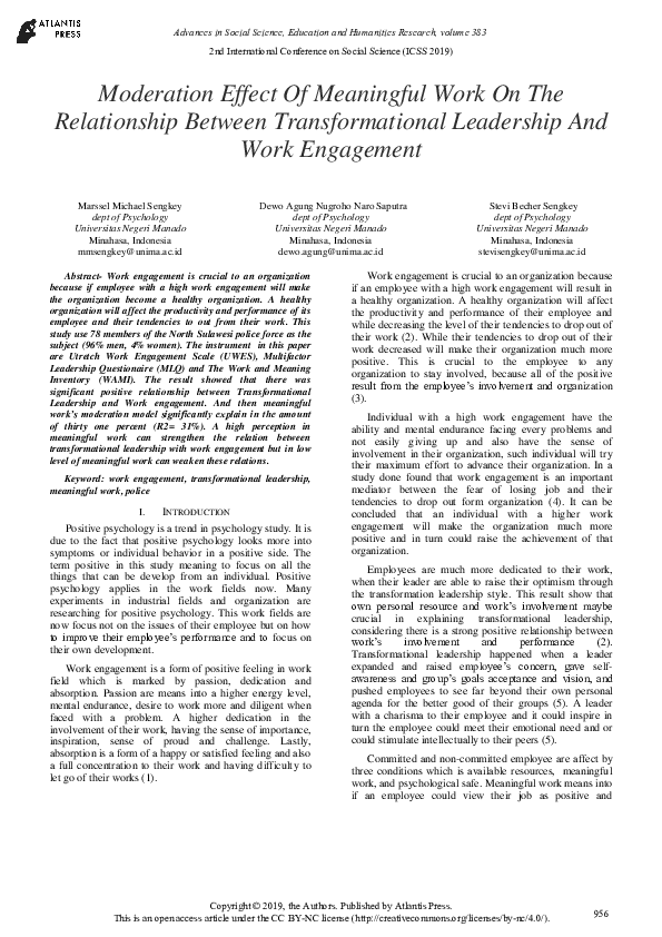 (PDF) Moderation Effect Of Meaningful Work On The Relationship Between Transformational ...