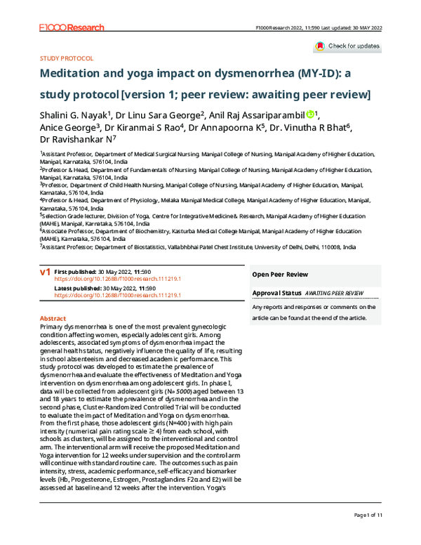 (PDF) Meditation and yoga impact on dysmenorrhea (MY-ID): a study protocol