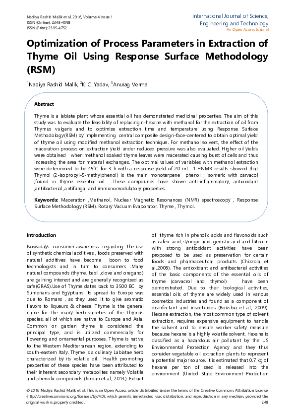 (PDF) Optimization of Process Parameters in Extraction of Thyme Oil ...