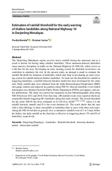 (PDF) Estimation of rainfall threshold for the early warning of shallow ...
