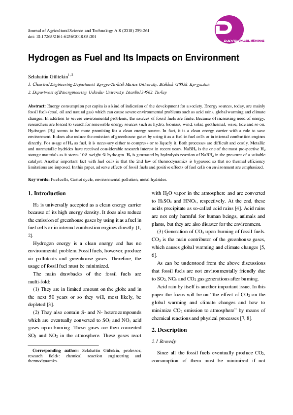(PDF) Hydrogen as Fuel and Its Impacts on Environment