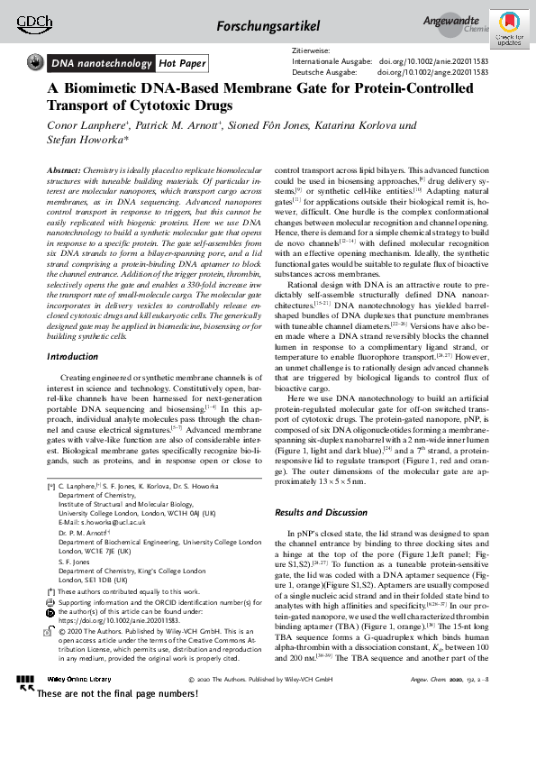 (PDF) A Biomimetic DNA‐Based Membrane Gate for Protein‐Controlled ...