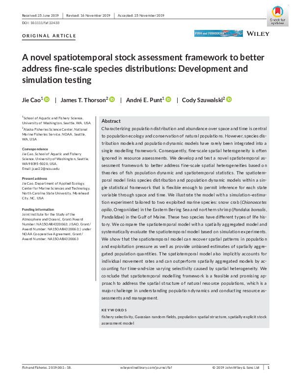 Pdf A Novel Spatiotemporal Stock Assessment Framework To Better