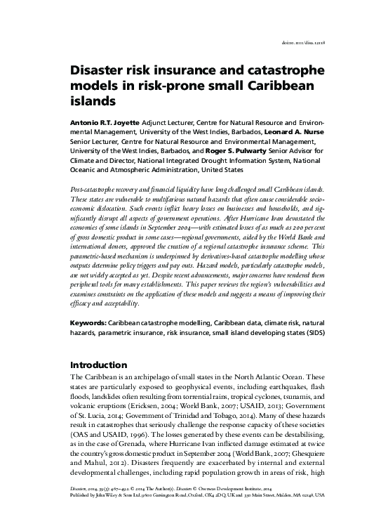 (PDF) Disaster risk insurance and catastrophe models in risk-prone ...