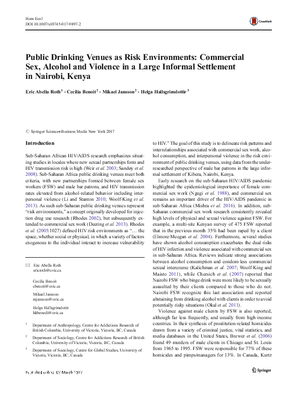 Pdf Public Drinking Venues As Risk Environments Commercial Sex