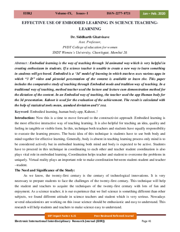 Pdf Effective Use Of Embodied Learning In Science Teaching Learning