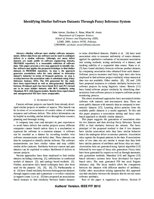 Pdf Identifying Similar Software Datasets Through Fuzzy Inference System