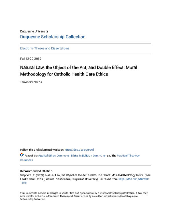 (PDF) Natural Law, the Object of the Act, and Double Effect: Moral ...
