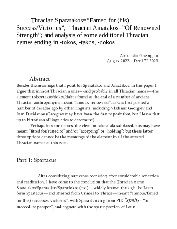 (PDF) Thracian Spartacus="Famed for (his) Success/Victories"; Thracian Amatakos="Of Renowned ...