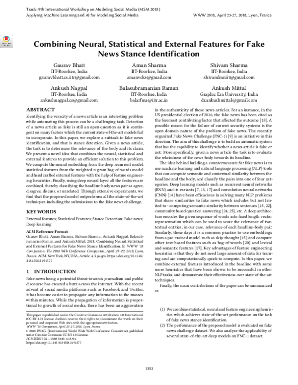 (PDF) Combining Neural, Statistical and External Features for Fake News ...