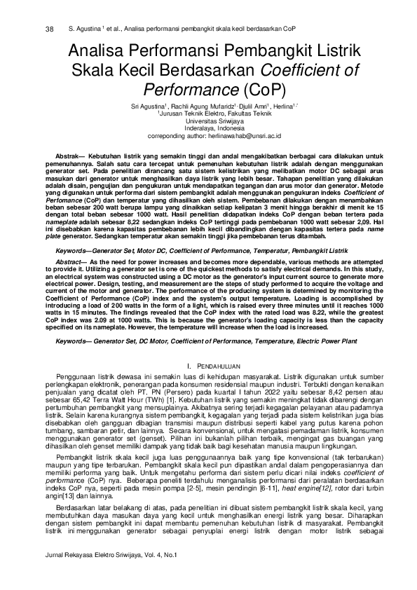 (PDF) Analisa Performansi Pembangkit Listrik Skala Kecil Berdasarkan Coefficient of Performance ...
