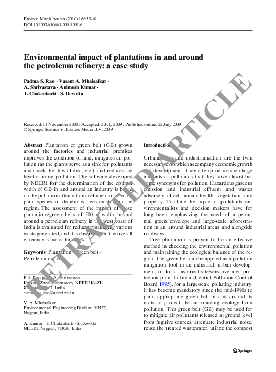 (PDF) Environmental impact of plantations in and around the petroleum refinery: a case study