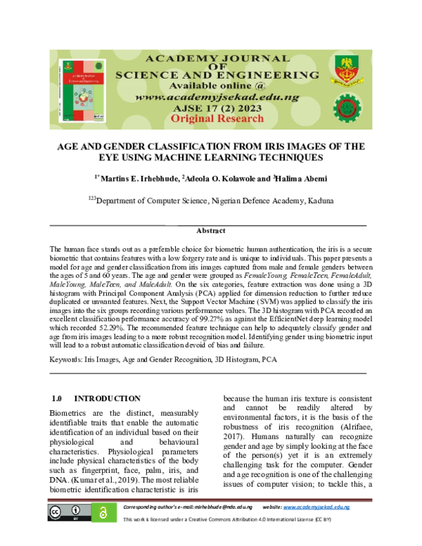 (PDF) AGE AND GENDER CLASSIFICATION FROM IRIS IMAGES OF THE EYE USING MACHINE LEARNING TECHNIQUES