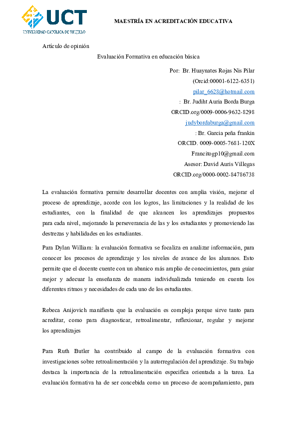 (DOC) Artículo de opinión Evaluación Formativa en educación básica