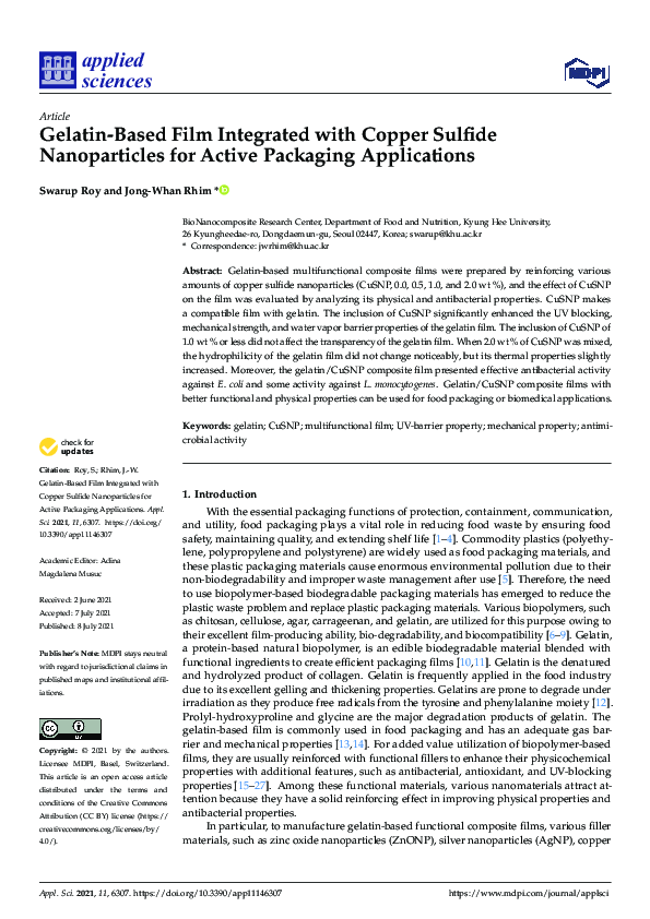 (PDF) Gelatin-Based Film Integrated with Copper Sulfide Nanoparticles ...