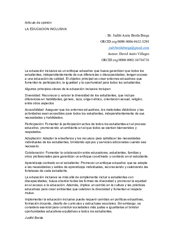 (DOC) Artículo de opinión LA EDUCACION INCLUSIVA