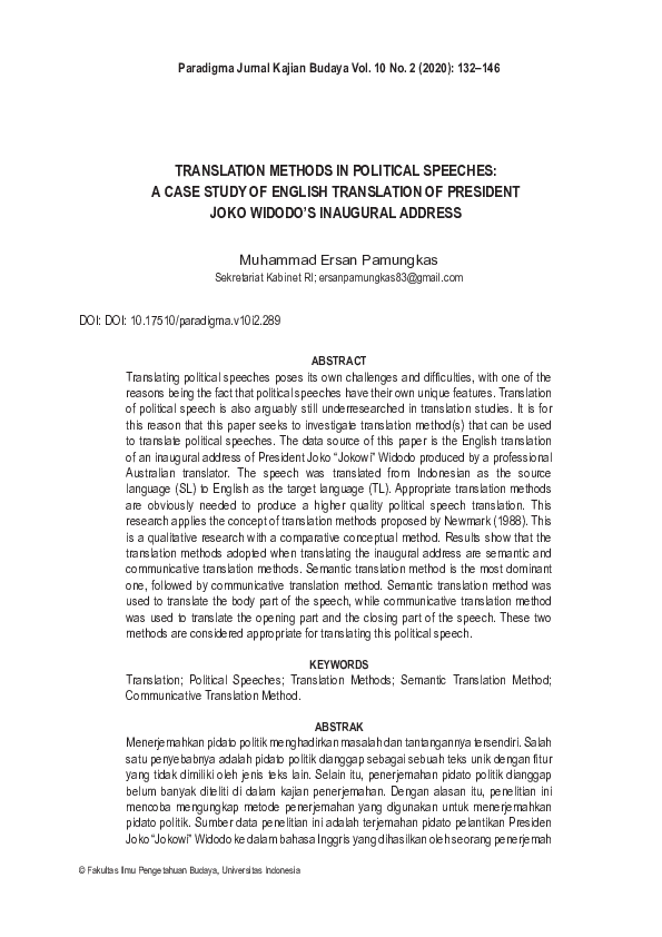 (PDF) Translation Methods in Political Speeches: A Case Study of ...