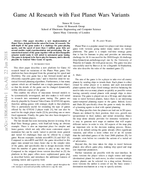 (PDF) Game AI Research with Fast Planet Wars Variants