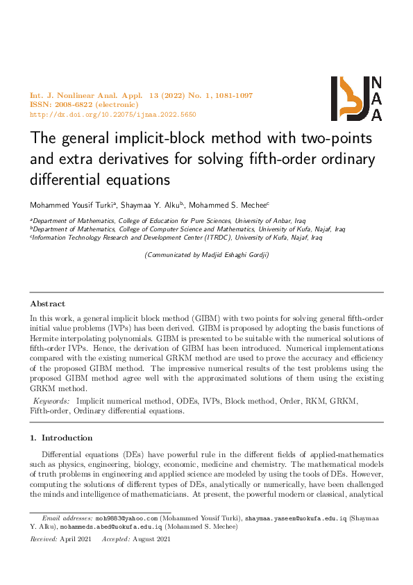 Pdf The General Implicit Block Method With Two Points And Extra Derivatives For Solving Fifth